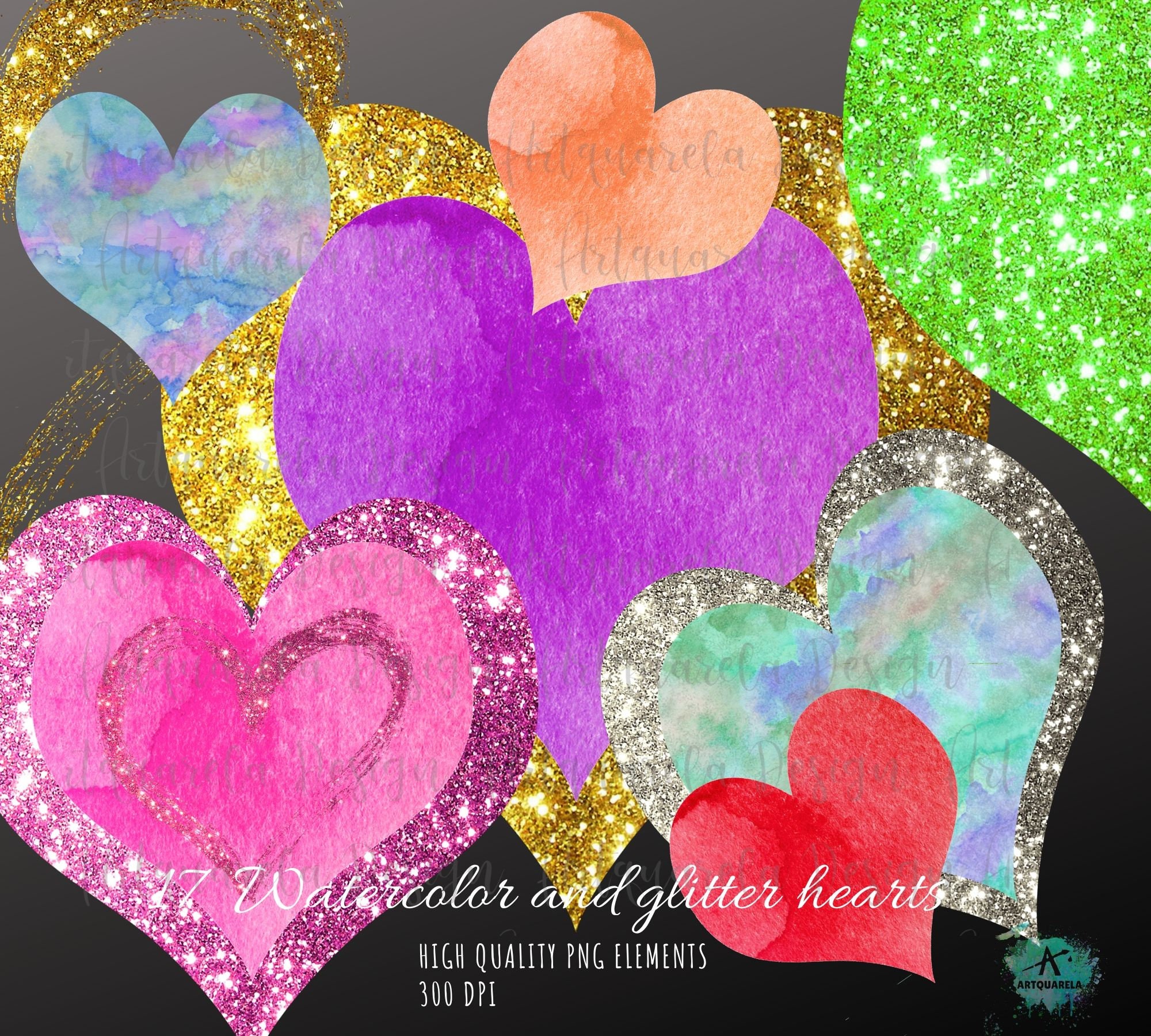 Heart Clipart Setwatercolor Rainbow Hearts Pngglitter Heart - Etsy