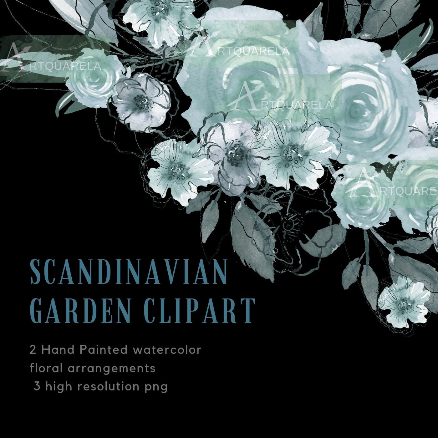 Flowers Clip Art Blue gray Roses Bouquet ClipartHand | Etsy