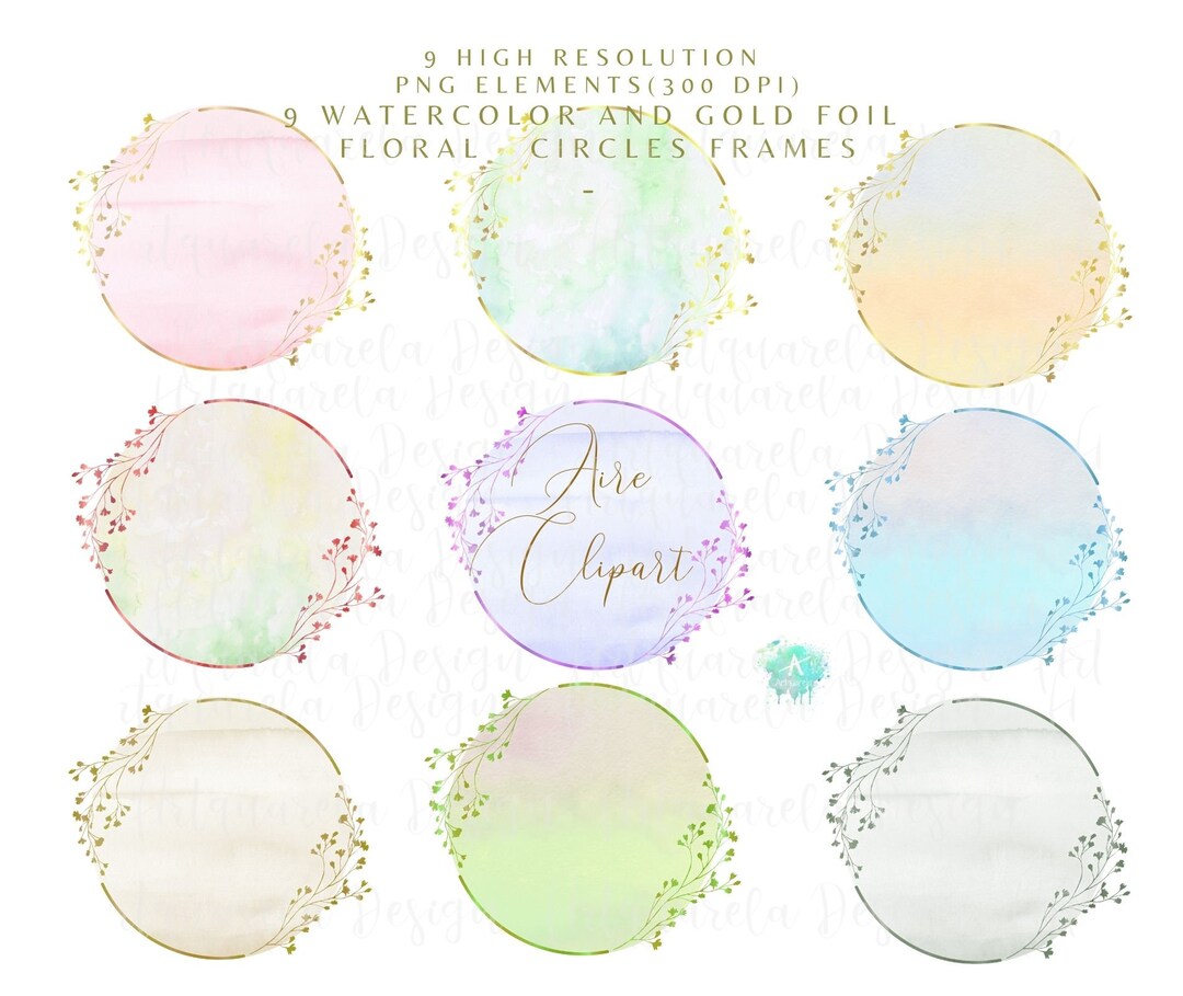 9 Watercolor & Glitter Floral Frames Clipart,gold Circles Borders ...