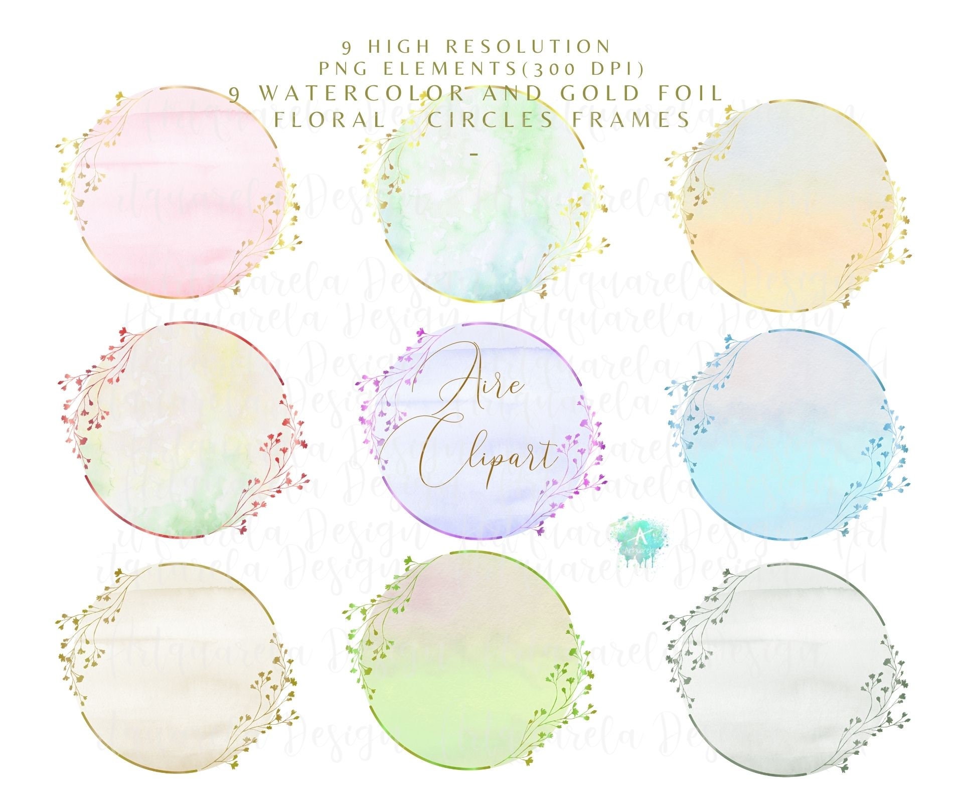9 Watercolor & Glitter Floral Frames Clipartgold Circles | Etsy
