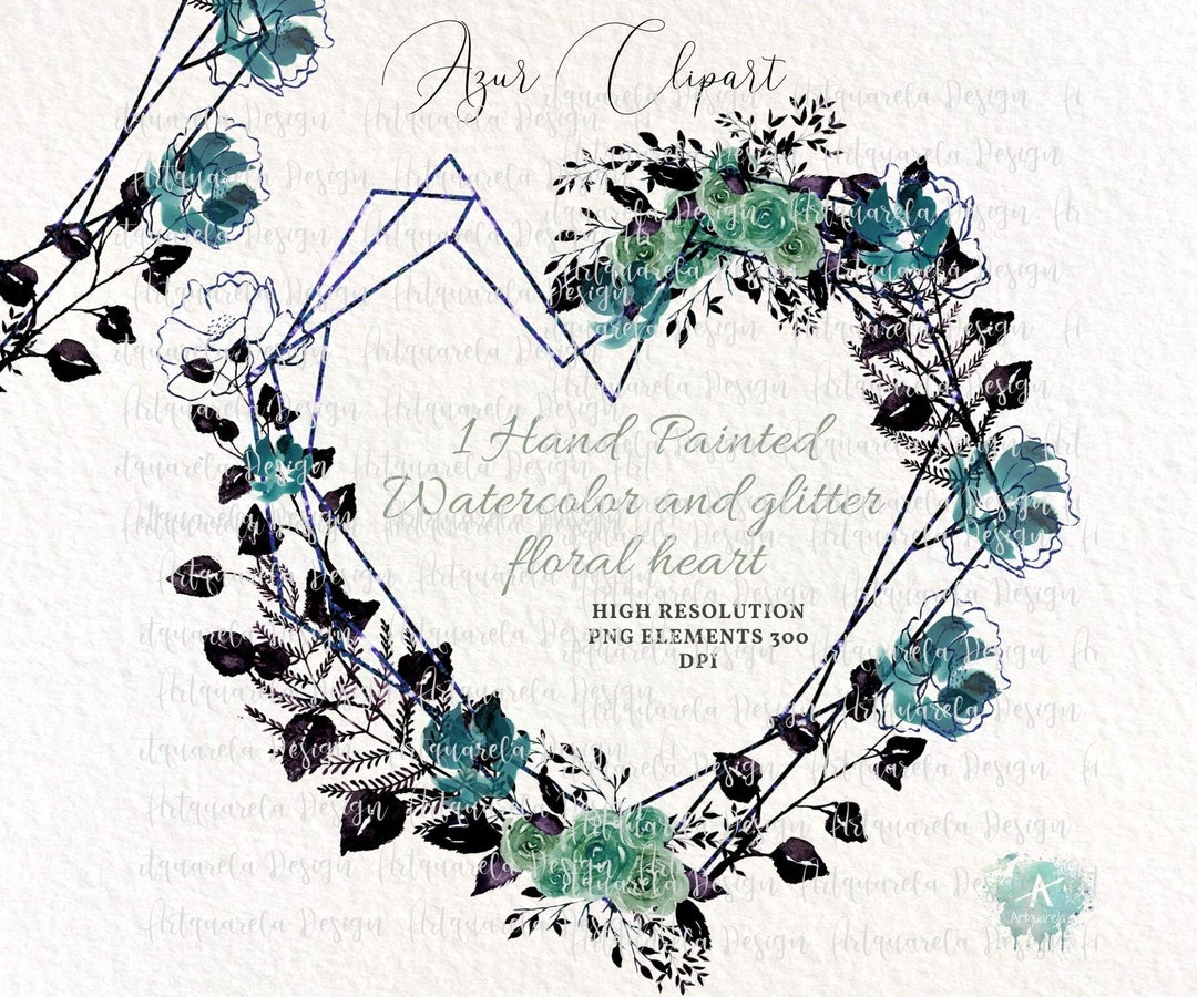 1 Deep Blue Floral Heart Clipart,watercolor & Ink Heart,hand Drawn ...