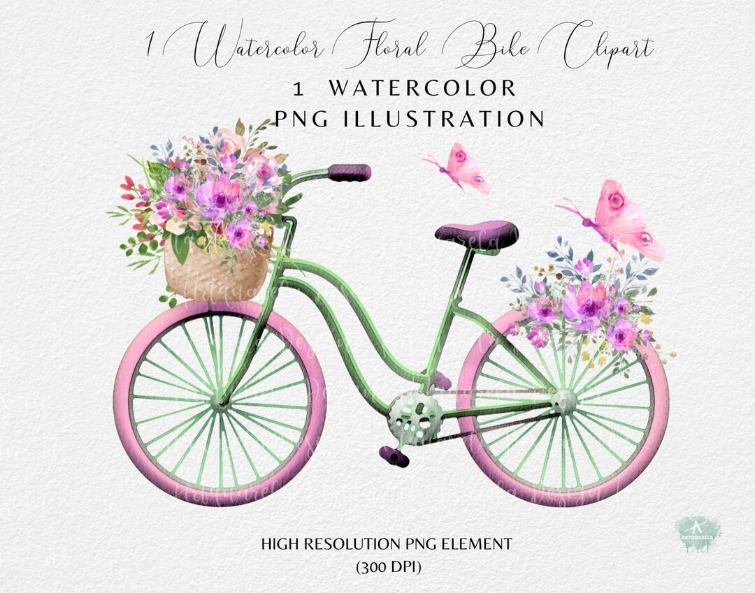 Floral Bicycle Clipart,watercolor Pink Bike PNG With Basket Touring ...