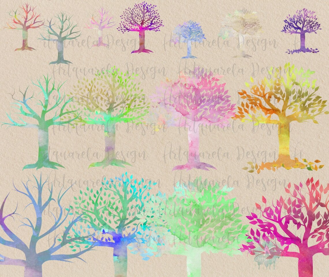 Four Seasons Watercolor Trees Clip Art Spring Summer Winter | Etsy