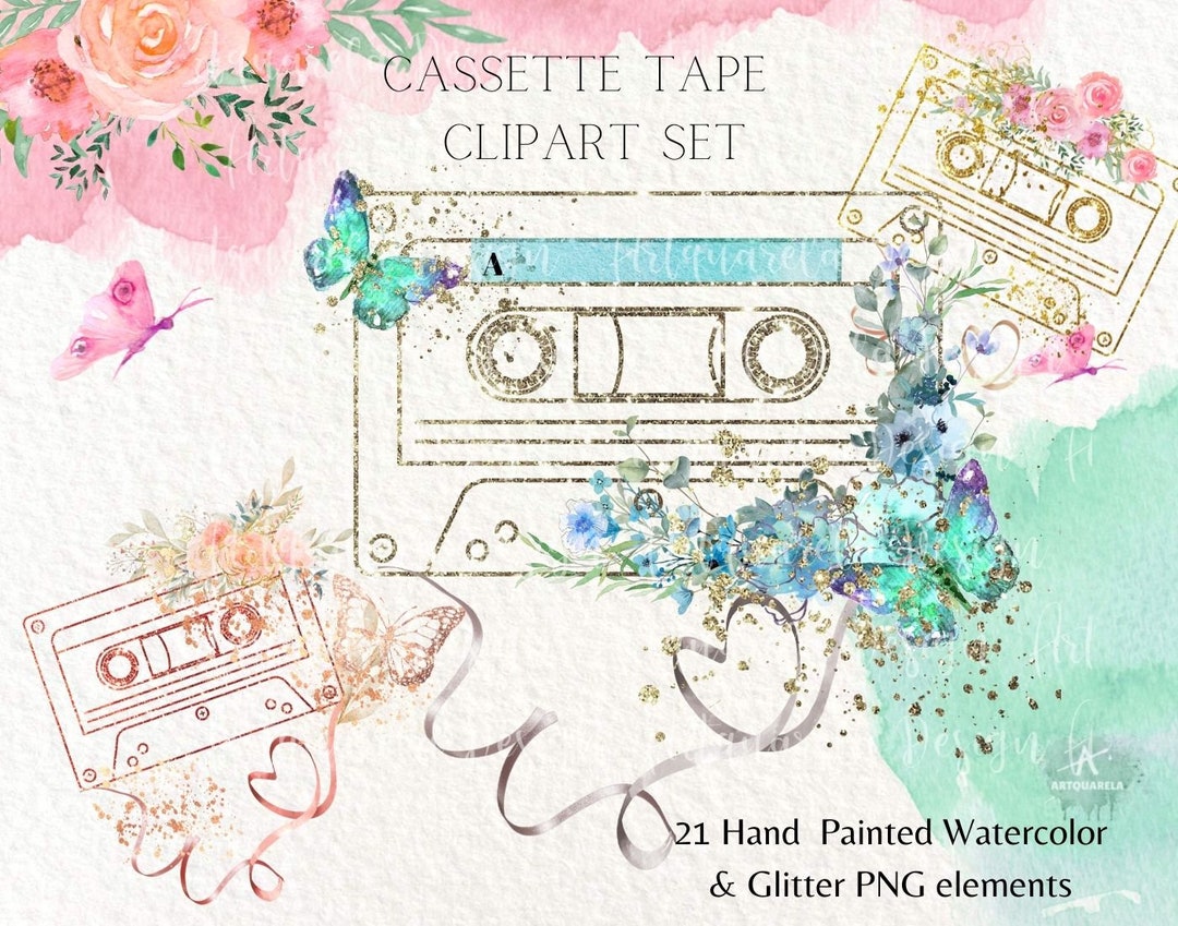 Cassette Tape Clipart Set- Watercolor & Glitter Cassette Png ...