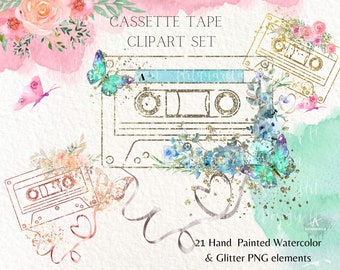 Vintage Retro Music Watercolor Clipart Bundle Cassette Tape - Etsy
