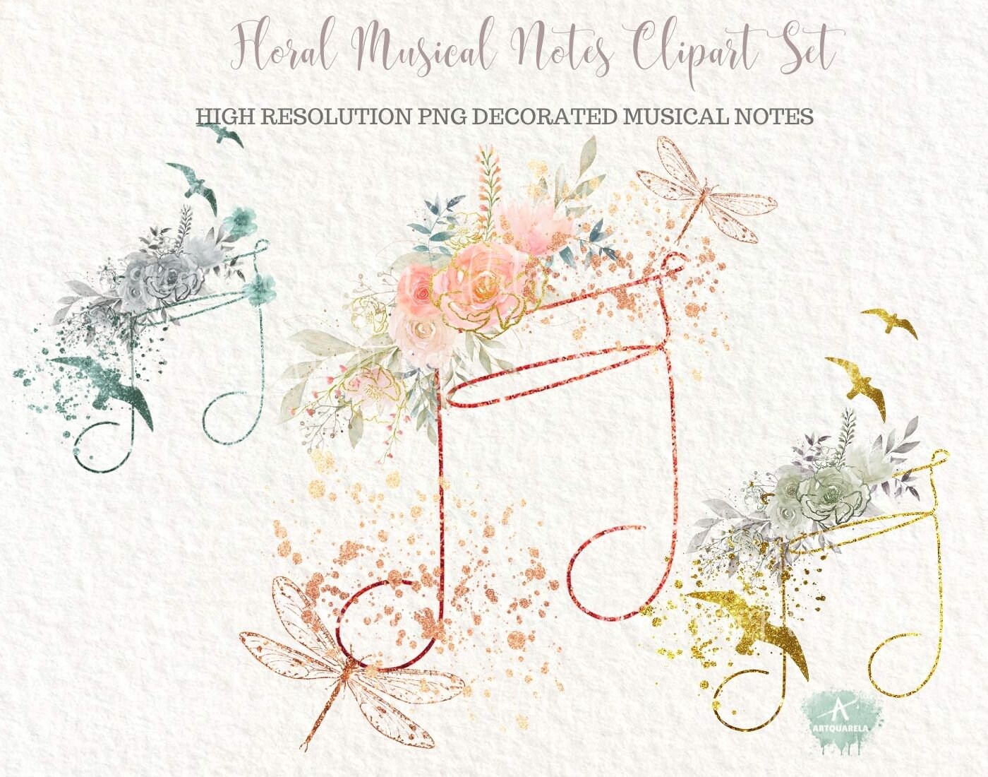 Music Notes Clipart Set Watercolor & Glitter Floral Music - Etsy