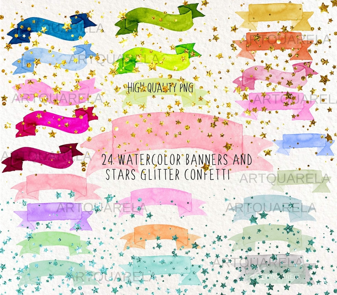 Watercolor Banners Set Clipart, Stars Glitter Confetti Png,rainbow ...