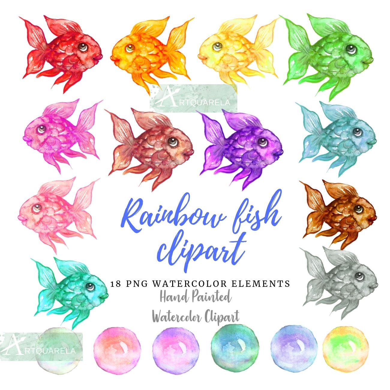 Watercolor Fishes Clipart Set Colorful Fish Png Hand Pianted - Etsy