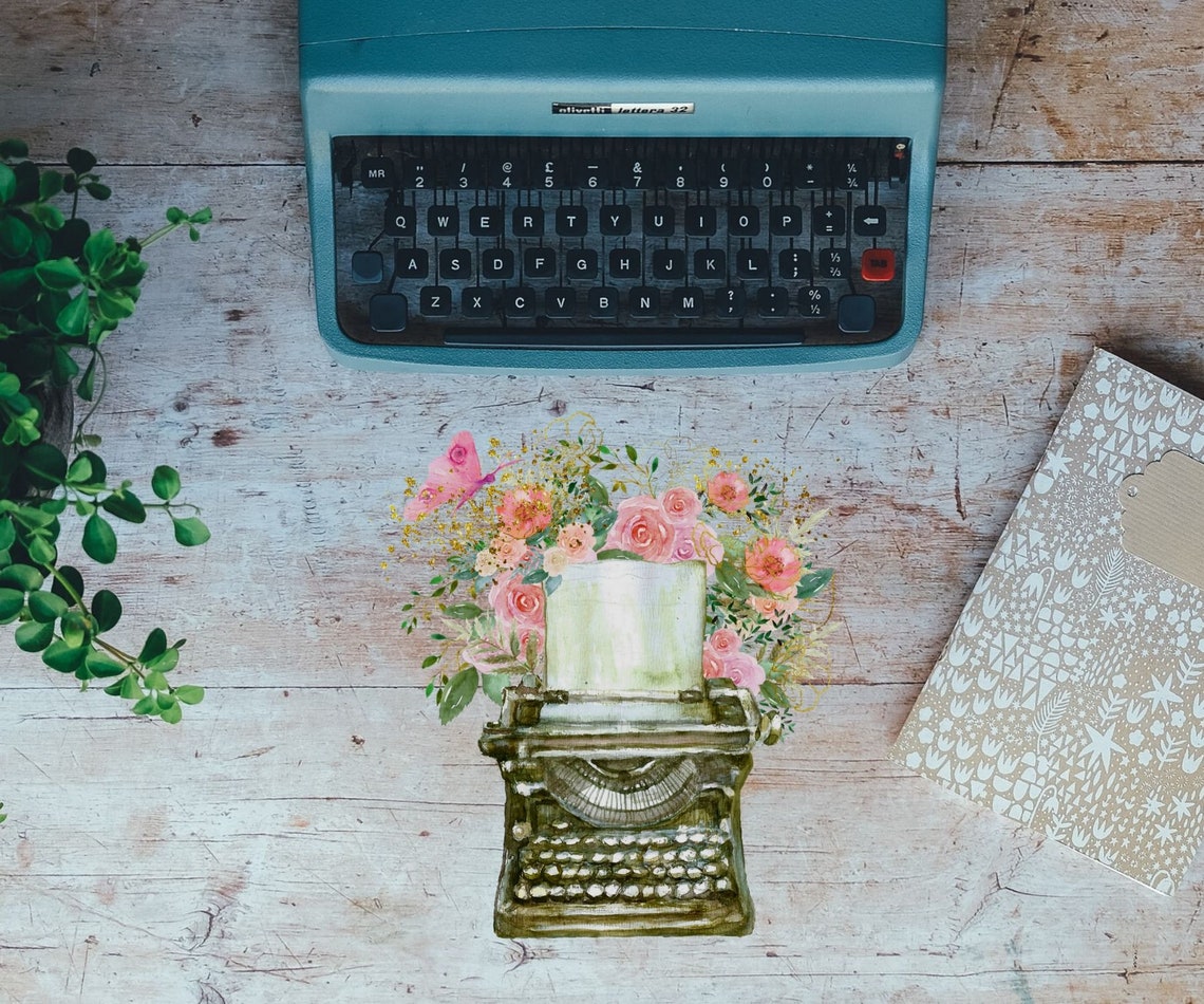 Typewriter With Flowers Clipart Vintage Graphics Pngblush & | Etsy