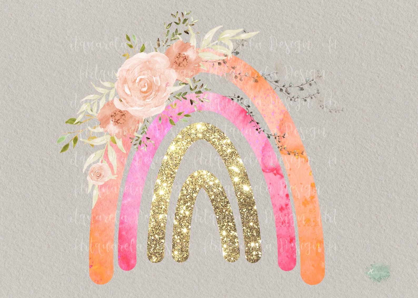 5 Watercolor and Gold Rainbows Clipartpink Peach Floral - Etsy