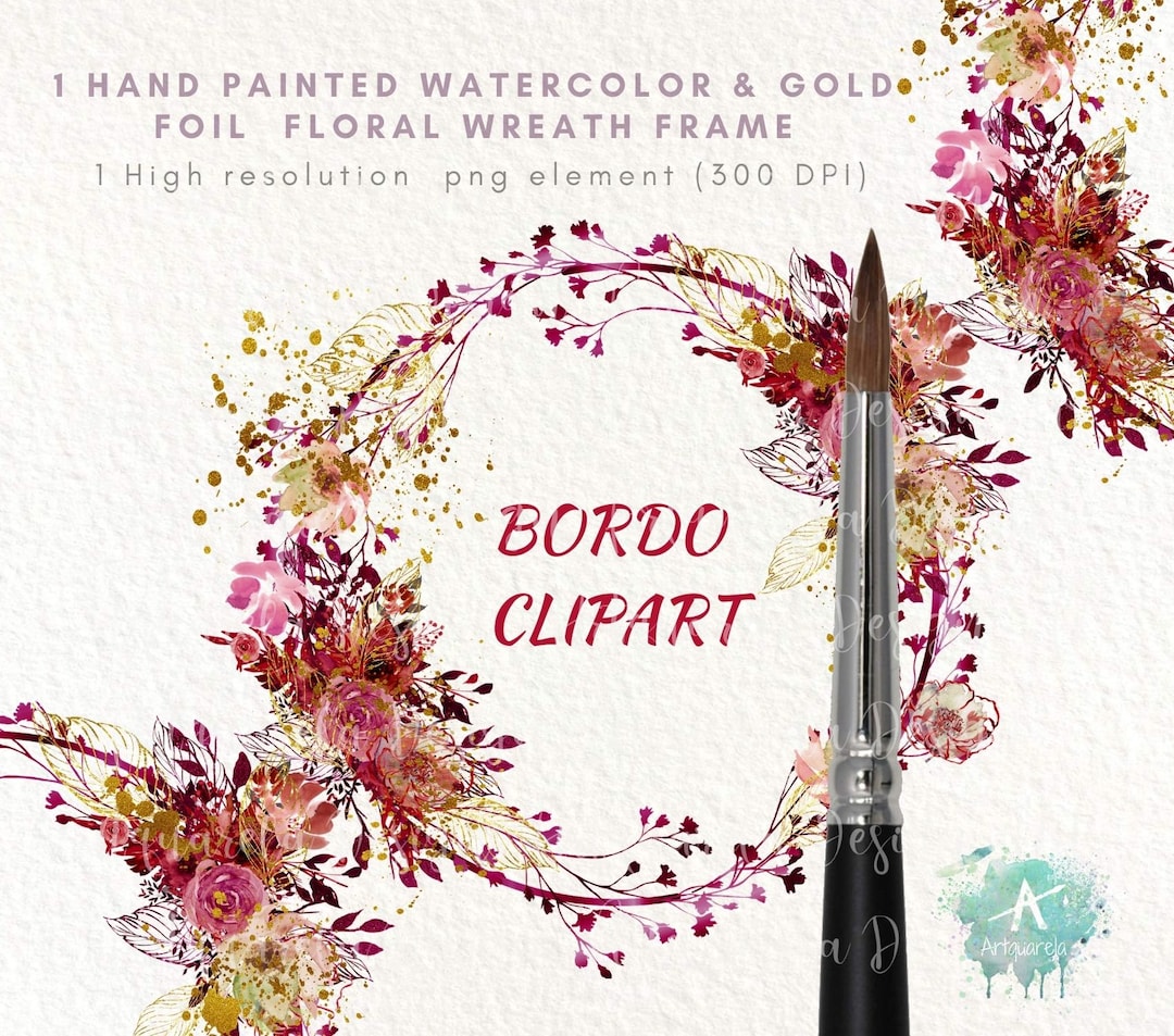 Watercolor Floral Wreath Clipart: Bordo Pink & Gold (PNG, Commercial ...