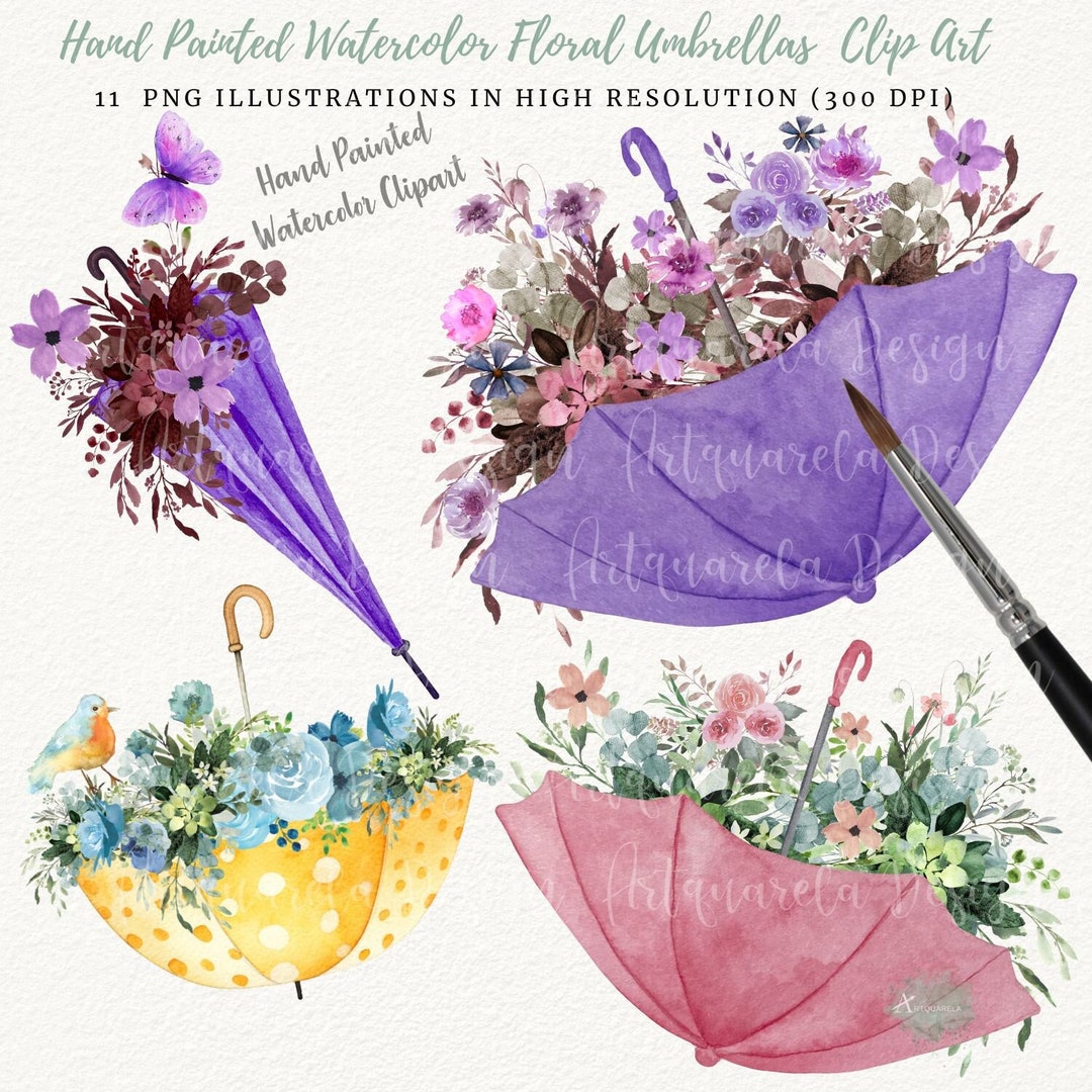 Hand Painted Watercolor Floral Umbrellas Clip Art-colorful Umbrellas ...