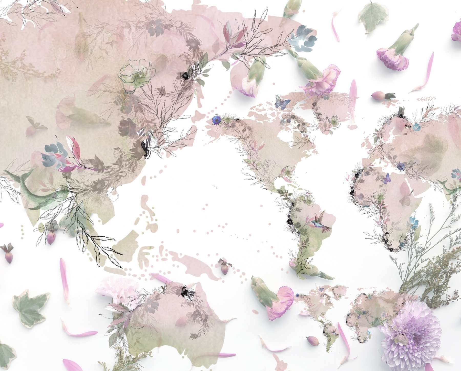 World Map Clipartwatercolor Floral Map Blush World Travel - Etsy