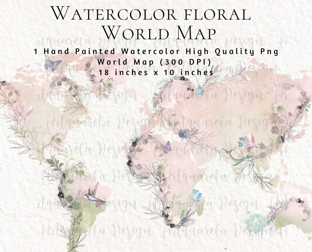 World Map Clipart,watercolor Floral Map Blush World Travel Silhouette ...