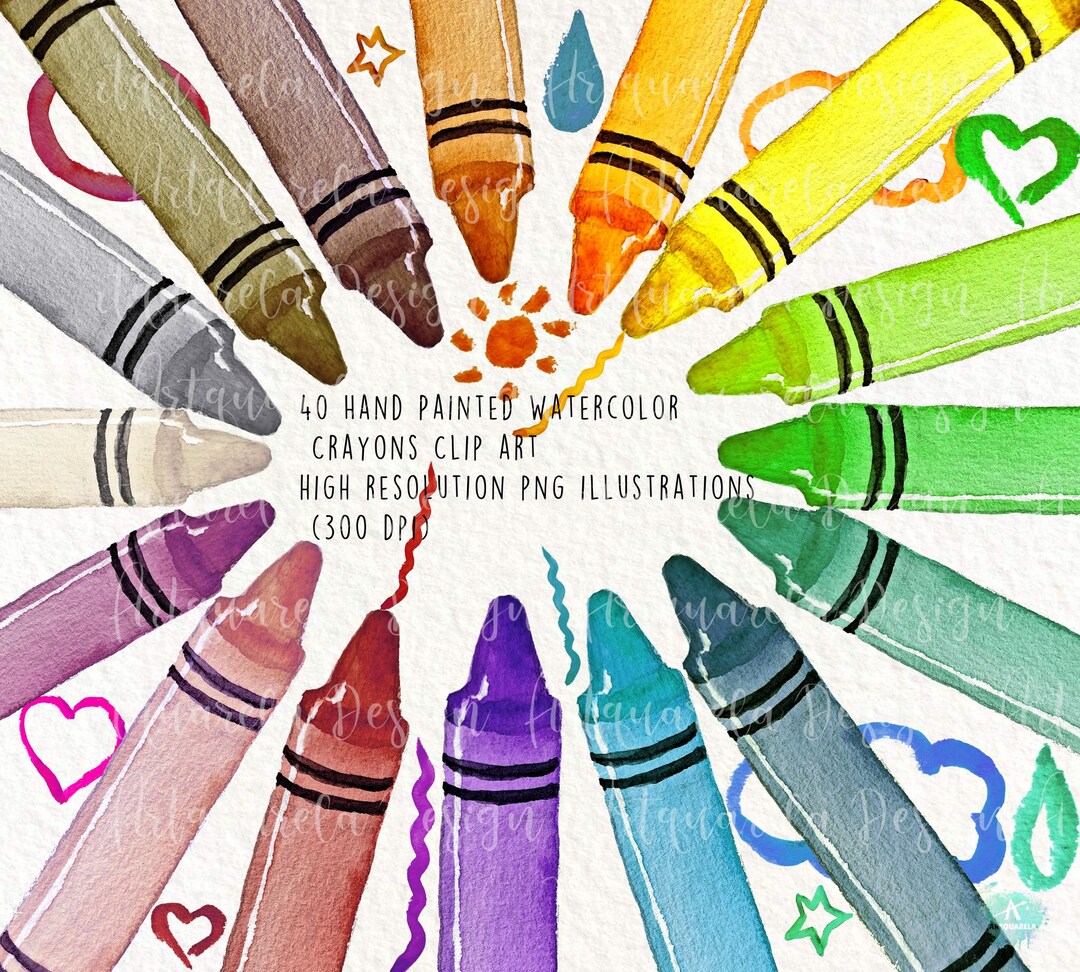 Watercolor Crayon Set Clip Art- Hand Painted Coloring Crayon Teacher ...