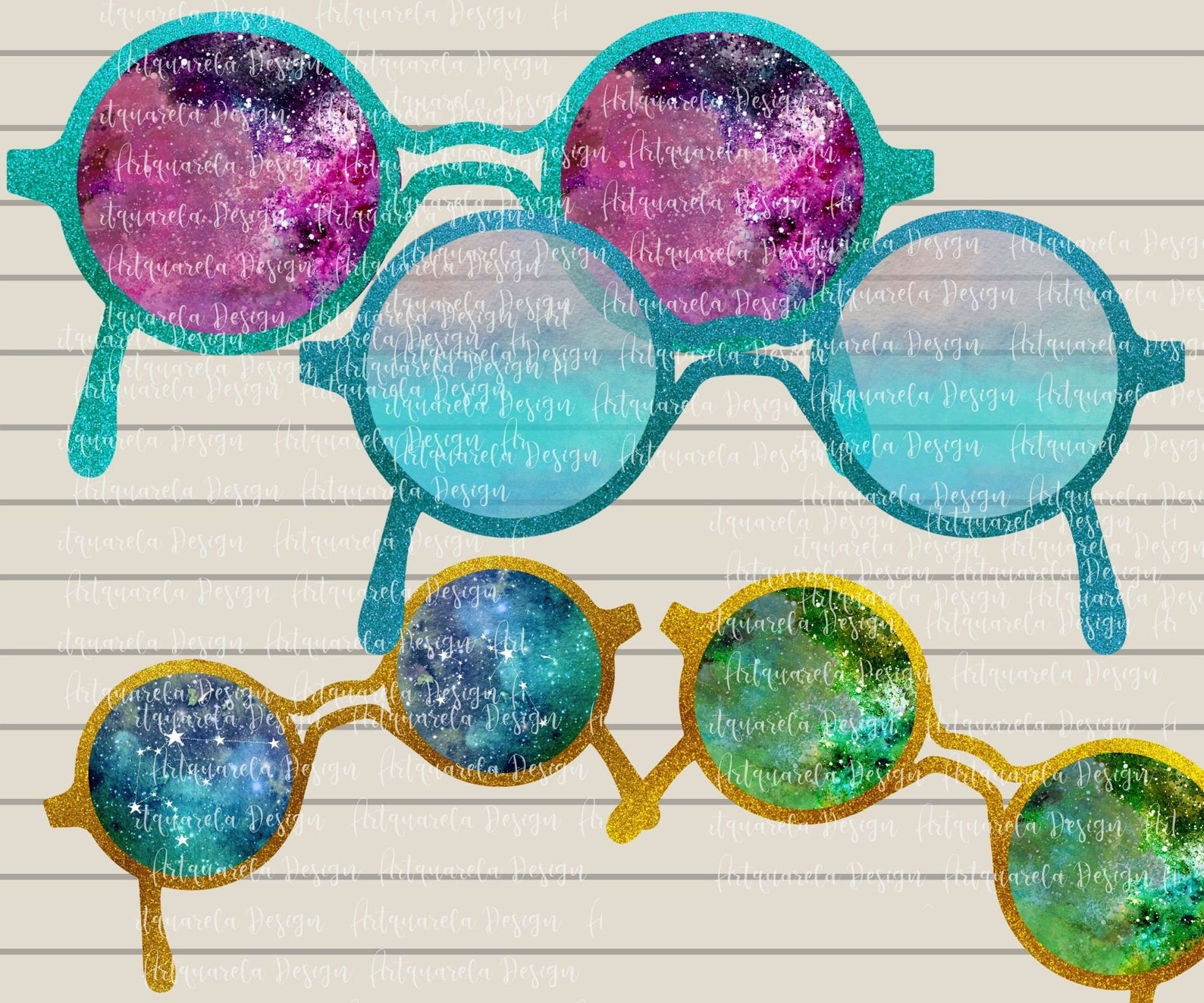 Sunglasses Clip Art Set Watercolor & Glitter Decorated - Etsy