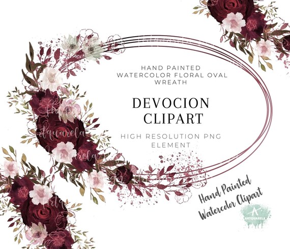 Watercolor Bordo Flowers Oval Wreath Frame CLIPART Hand Drawn - Etsy