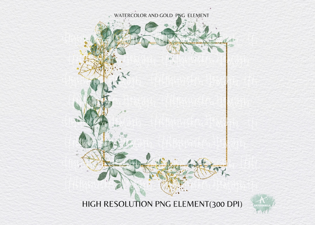 Watercolor Eucalyptus Frame Clipart: Gold Square Border (digital ...