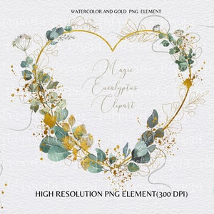 Watercolor Eucalyptus Heart Frame Clipart- Gold Heart PNG- Watercolor ...