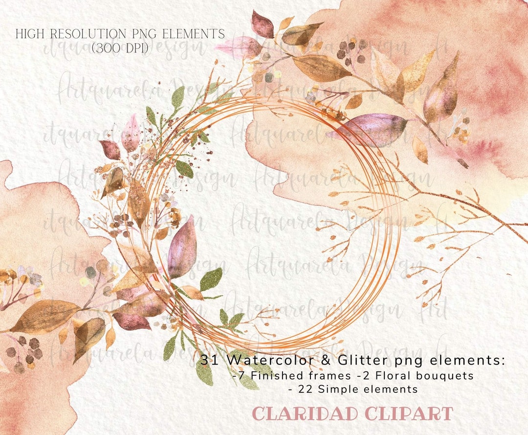 Watercolor & Rose Gold Floral Wreaths and Frames Clipart Collection ...