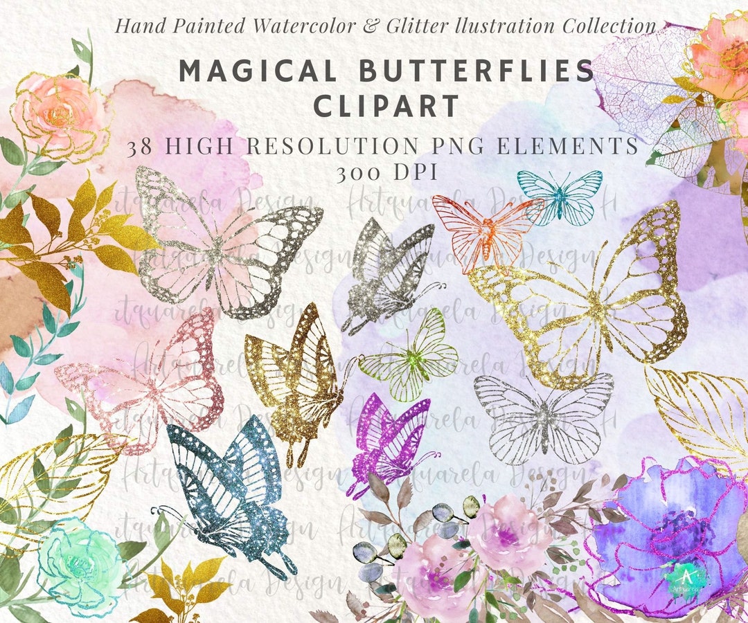 38 Colorful Glitter Foil Butterfly & Watercolor Elements Clipart ...
