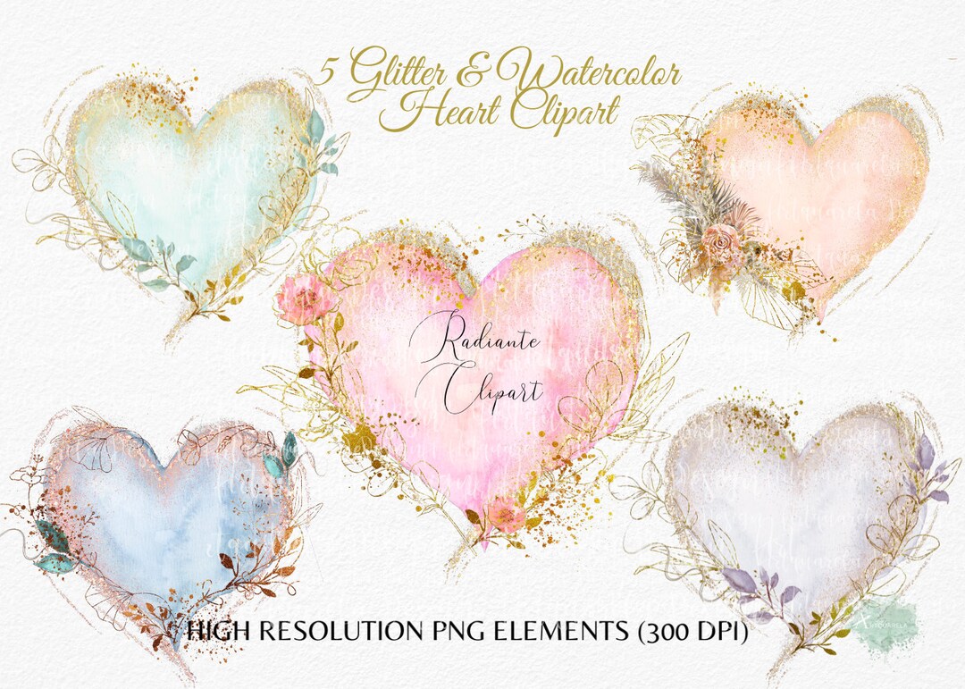 Glitter & Watercolor Hearts Clipart Eucalyptus ,flowers Dried Leaves ...