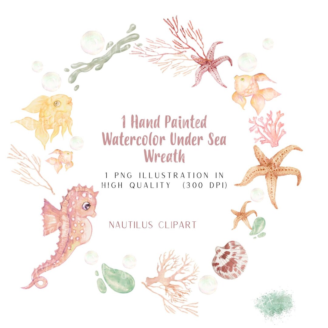 Watercolor Undersea Wreath Clip Art: Pink Coral, Shells (PNG Digital ...