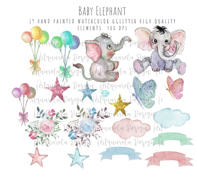 Baby Elephant Set Clipart watercolor - Etsy
