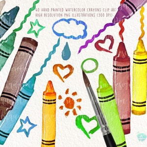 Watercolor Crayon Set Clip Art- Hand Painted Coloring Crayon Teacher ...