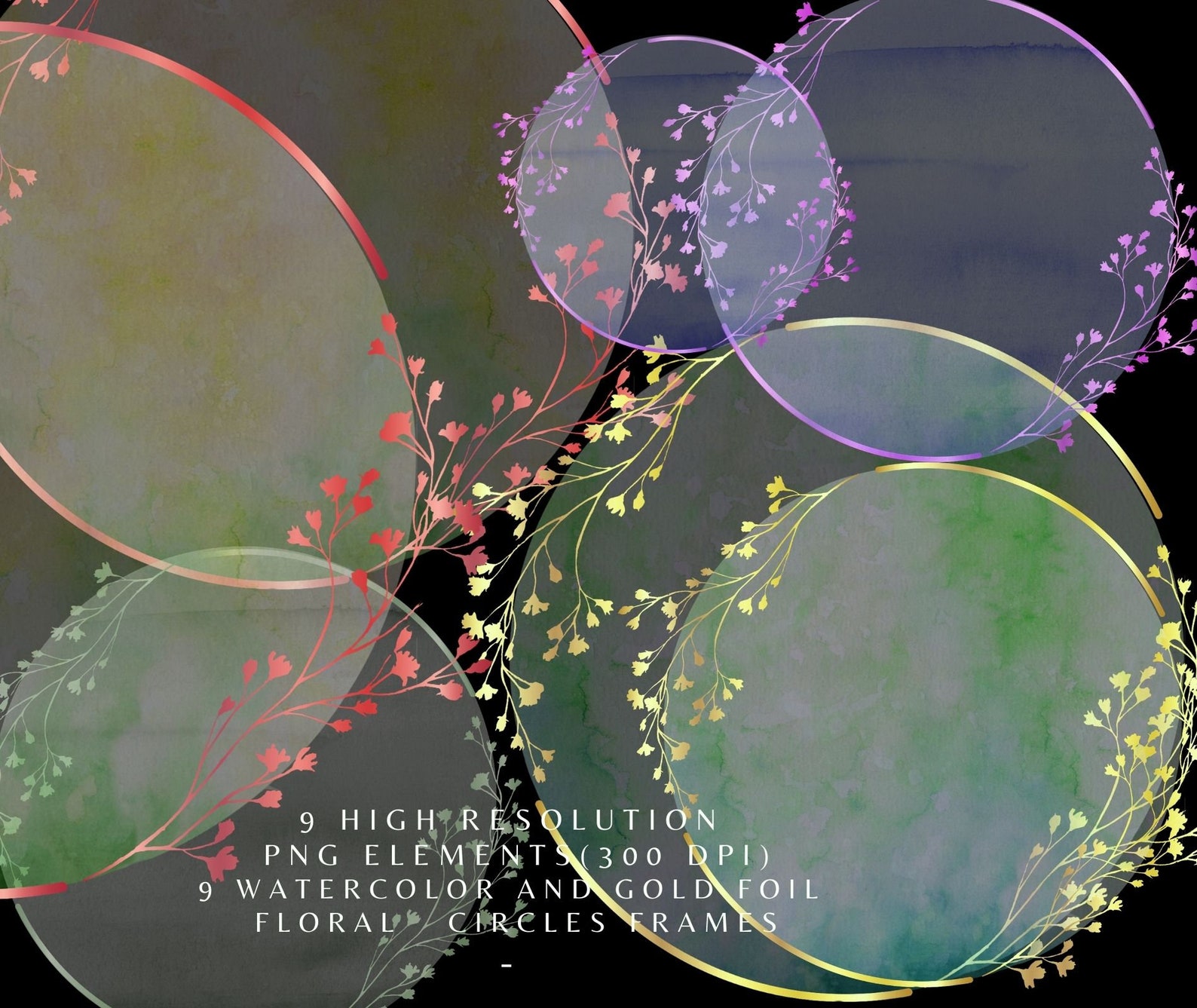 9 Watercolor & Glitter Floral Frames Clipartgold Circles | Etsy