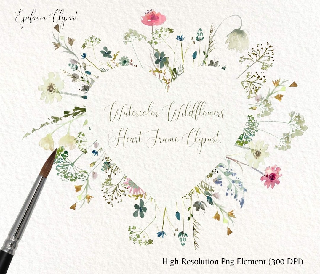 Watercolor Wildflowers Heart Wreath Clipart: Floral Frame (PNG, Instant ...