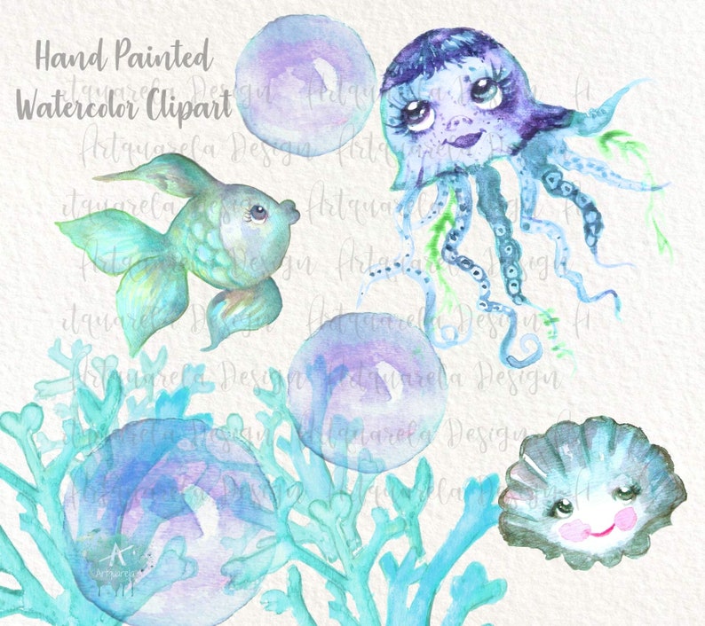 Sea Creatures Clipart Set hand Painted Watercolor Sea Animals - Etsy