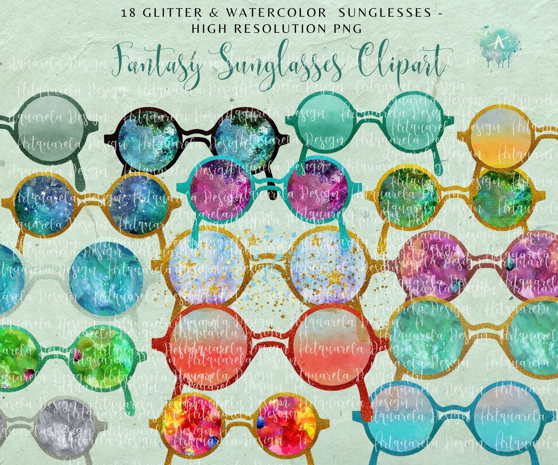 Sunglasses Clip Art Set Watercolor & Glitter Decorated | Etsy
