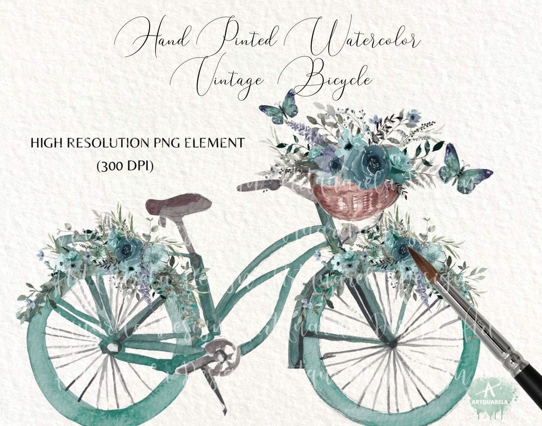 Bicycle With Flowers & Butterfly Clipart Sublimation Watercolor Vintage ...