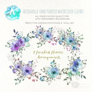 Watercolor Floral Arrengements,blue,purple and Turquoise Flowers ...