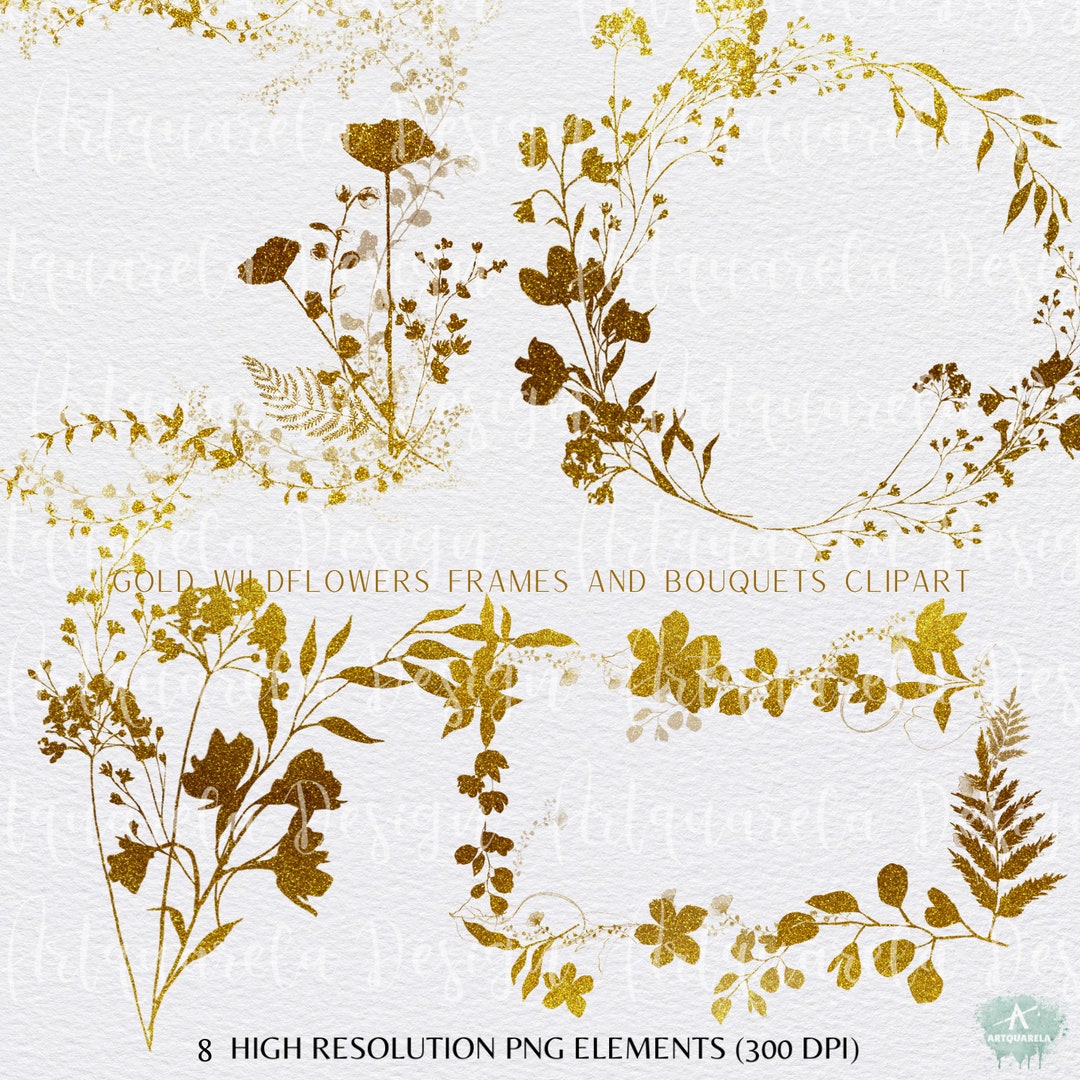 Gold Wildflowers Frames Clipart- Gold Floral Minimalist Frame Png ...