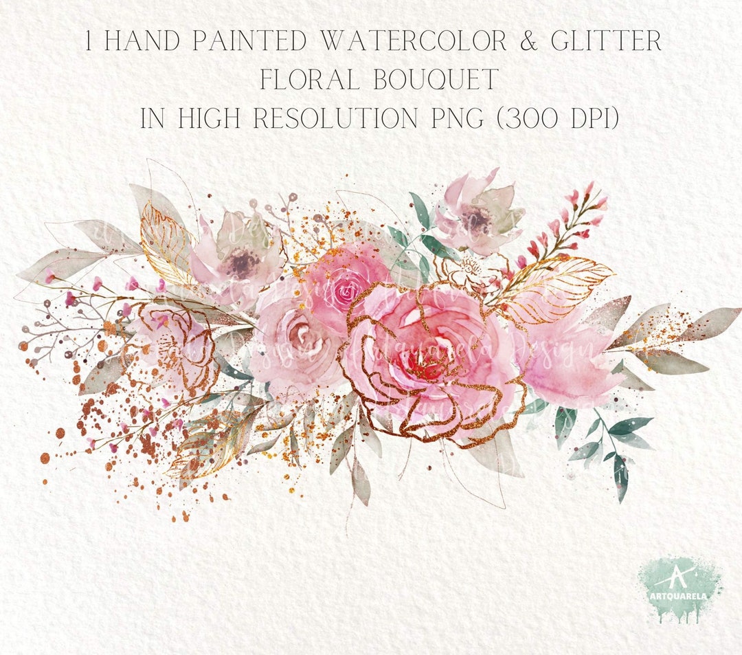 Watercolor Rose Gold Floral Bouquet Clipart: Wedding Frame (PNG Digital ...