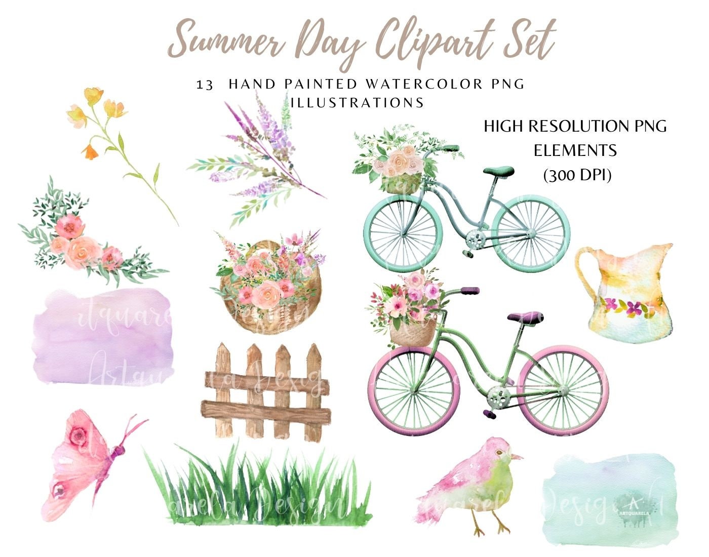 Bicycle With Flowers Clipart Set-watercolor Bicycle - Etsy