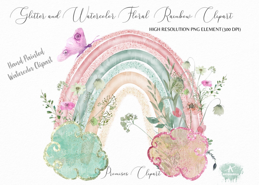 Glitter Rainbow Clipart Rainbow With Butterflies Clouds & Wild Flowers ...