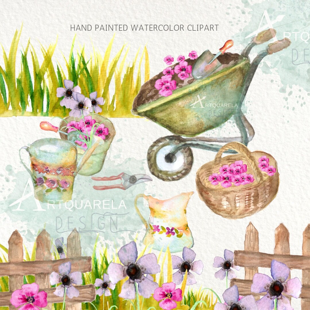 Watercolor Gardening Set Clipart, Rustic Garden,gardening Tools PNG ...