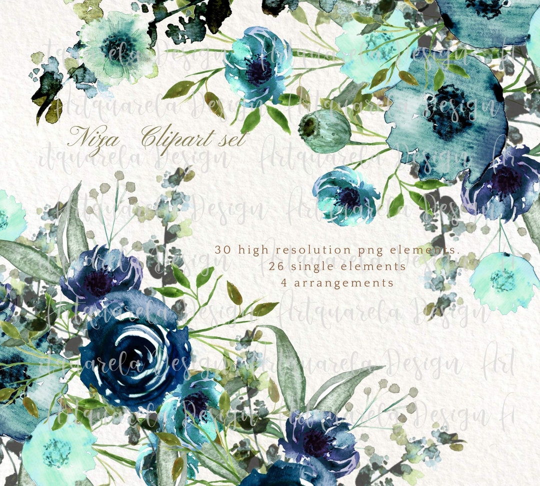 Hand Painted Watercolor Floral Clipart Set,blue,turquoise Flowers ...