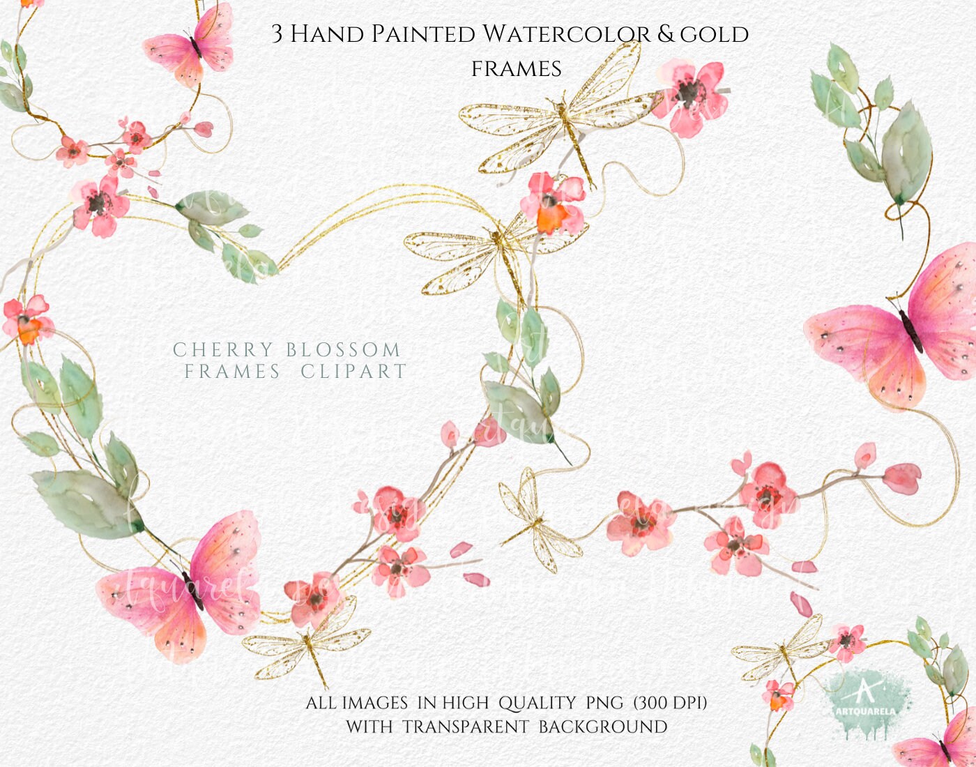 Watercolor Cherry Blossom Floral Pre Made Frames Clipartgold - Etsy