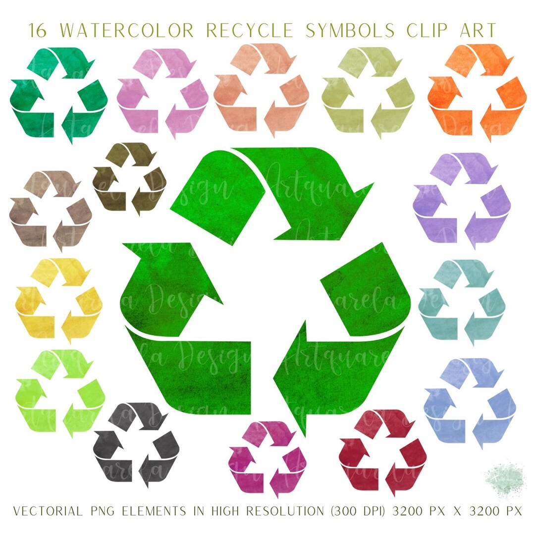 16 Recycle Symbols Clip Art - Watercolor Recycle Icon - Eco Environment ...