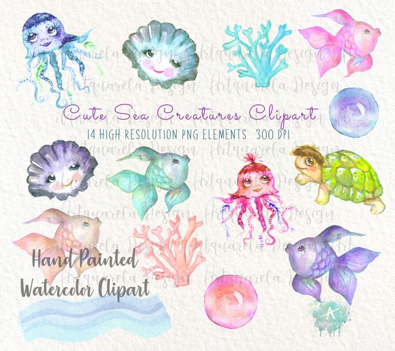 Sea Creatures Clipart Set hand Painted Watercolor Sea Animals - Etsy