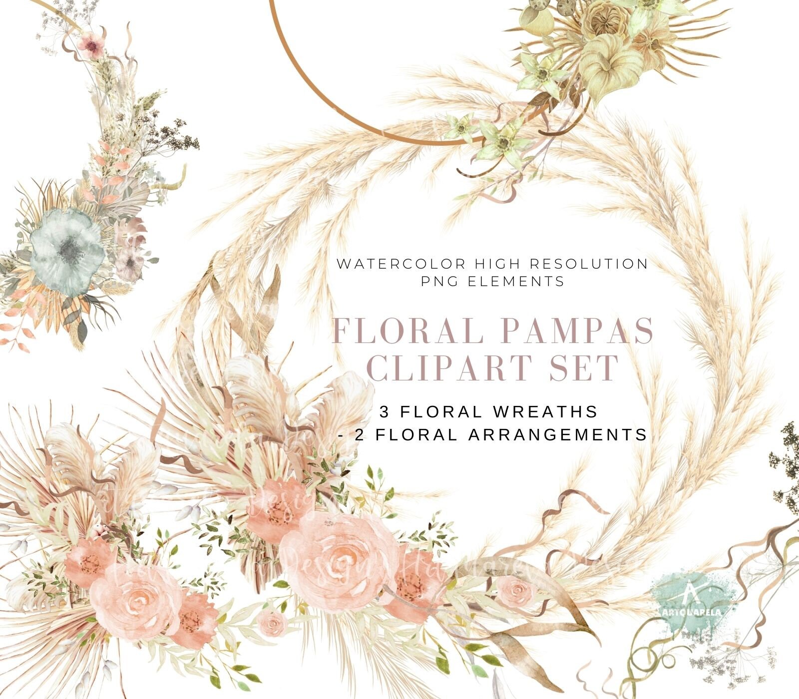 Pampas Grass With Flowers Wreaths Frames Clipart Set - Etsy