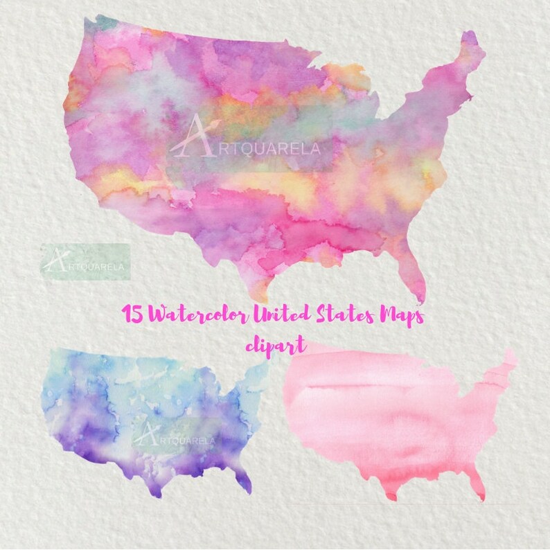 USA Map Watercolor Clipart United States Maps Png. Colorful | Etsy