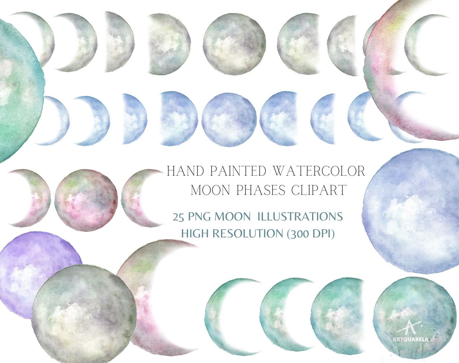 Moon Phases Cliparthand Painted Watercolor Moon Clip Art - Etsy