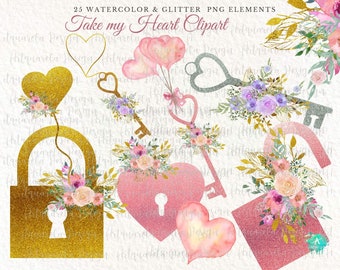 KEY Romantic WATERCOLOR Clip Art. Golden Lock Heart Bow - Etsy