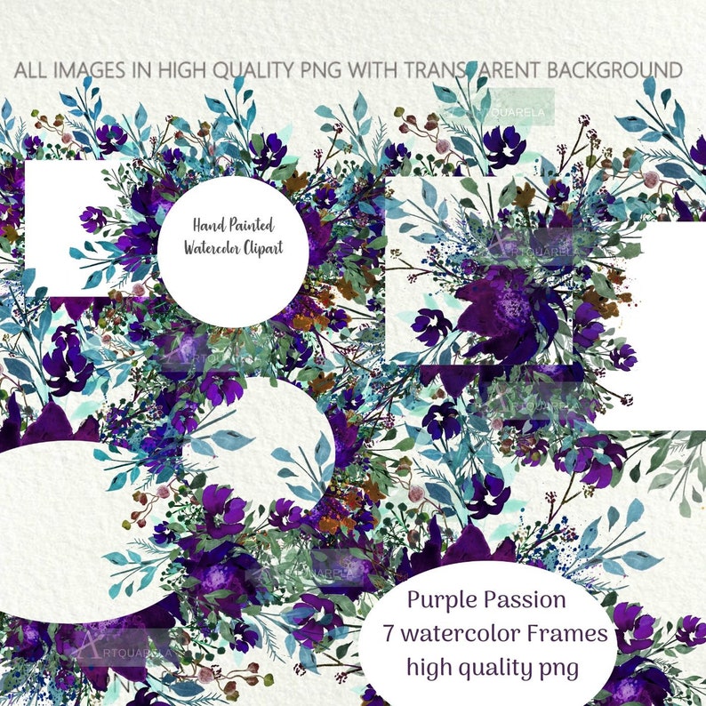 Watercolor Frames Clipart,hand Painted Purple,red .blue Flowers Clip ...