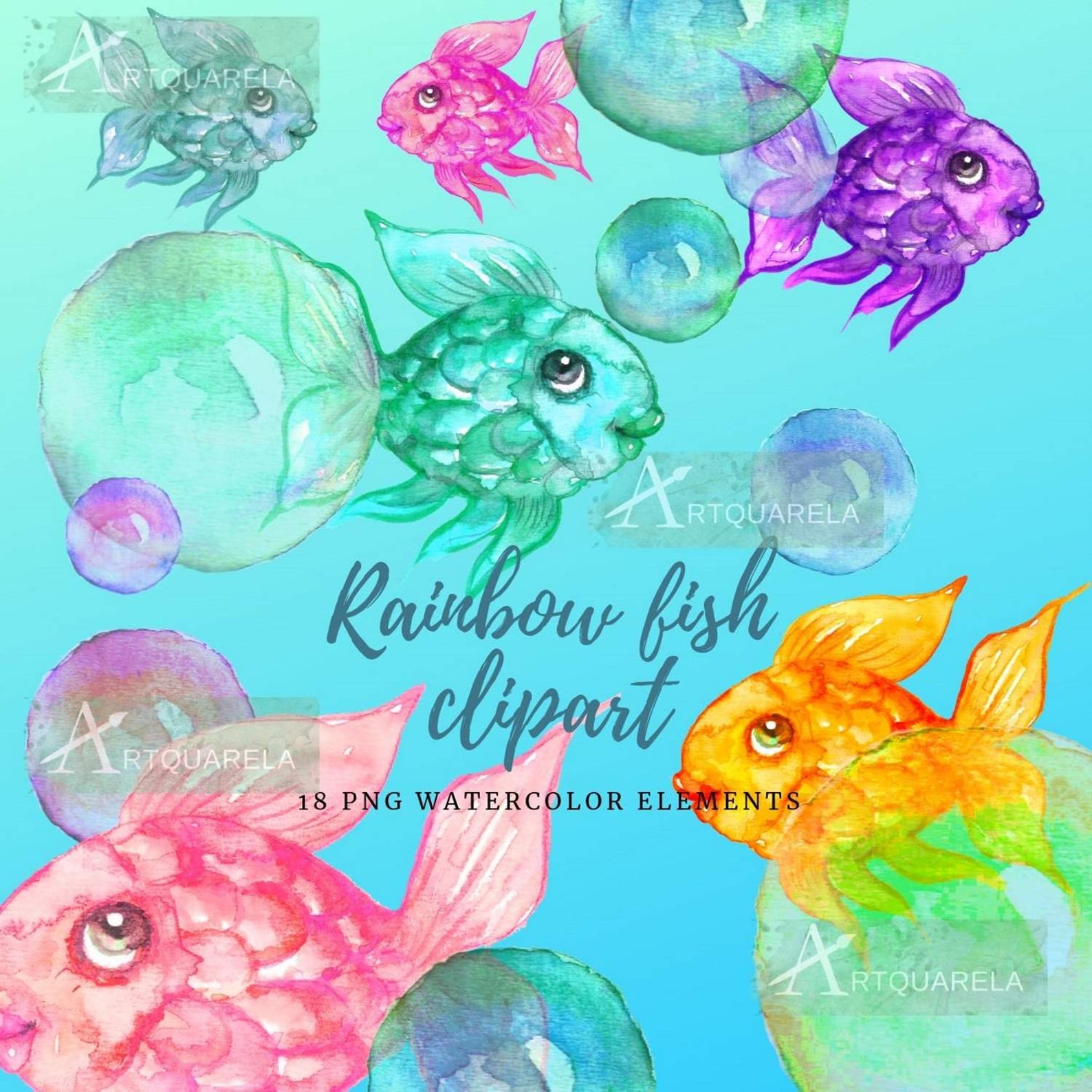 Watercolor Fishes Clipart Set Colorful Fish Png Hand Pianted - Etsy